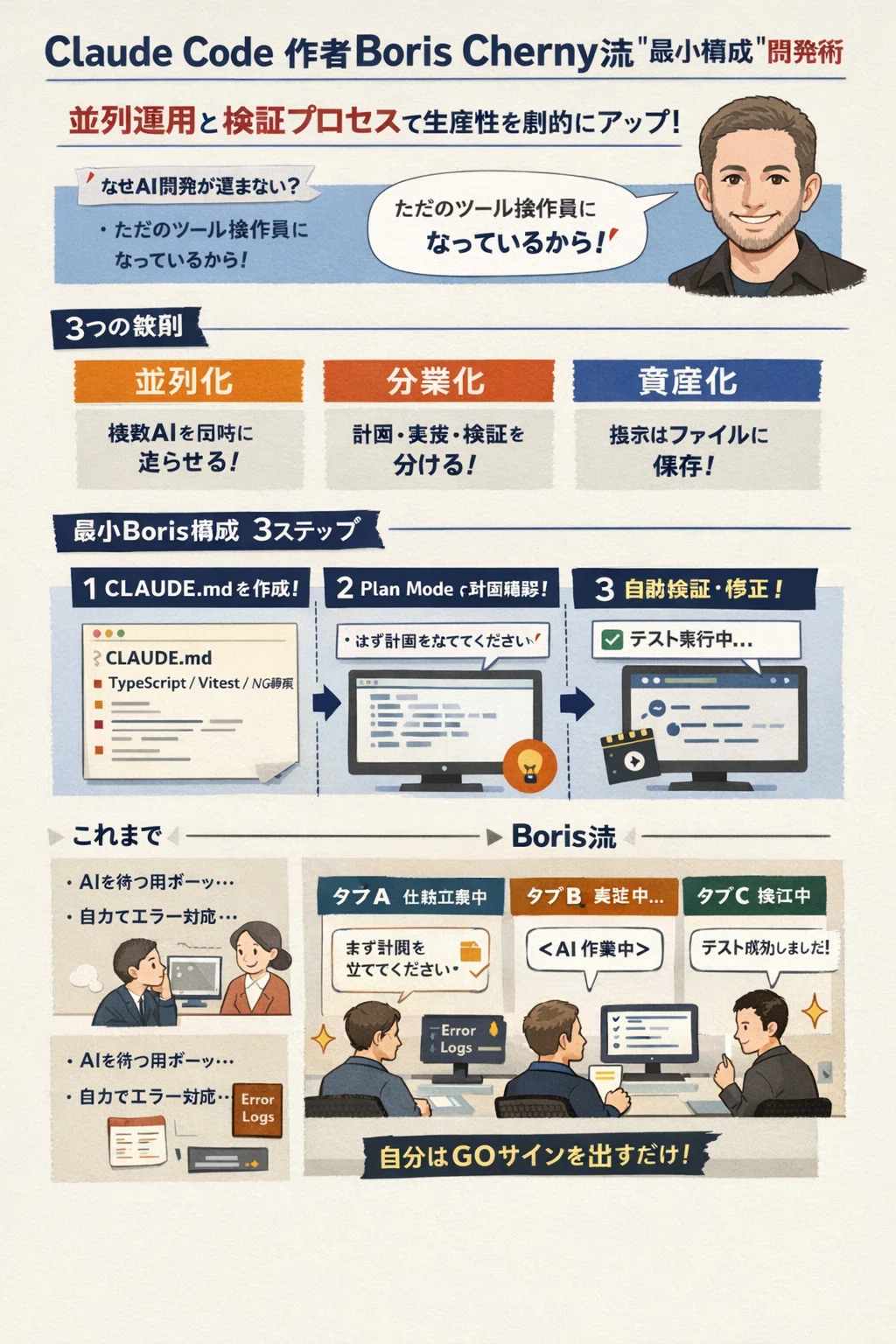 【個人開発】Claude Code作者の「Boris流」を最小構成で完全再現する —— 魔法の設定ではなく“運用”で勝つ｜AIINFO ...