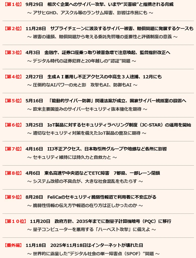 JNSAより2025年のセキュリティ十大ニュースが公開、一位はランサムウェア感染被害｜Y.Takahashi
