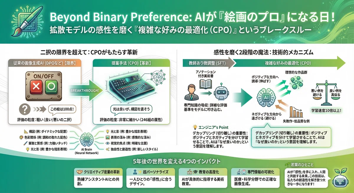 Beyond Binary Preference: AIが「絵画のプロ」になる日！拡散モデルの感性を磨くCPOの魔法🌿｜若葉 / Wakaba ...