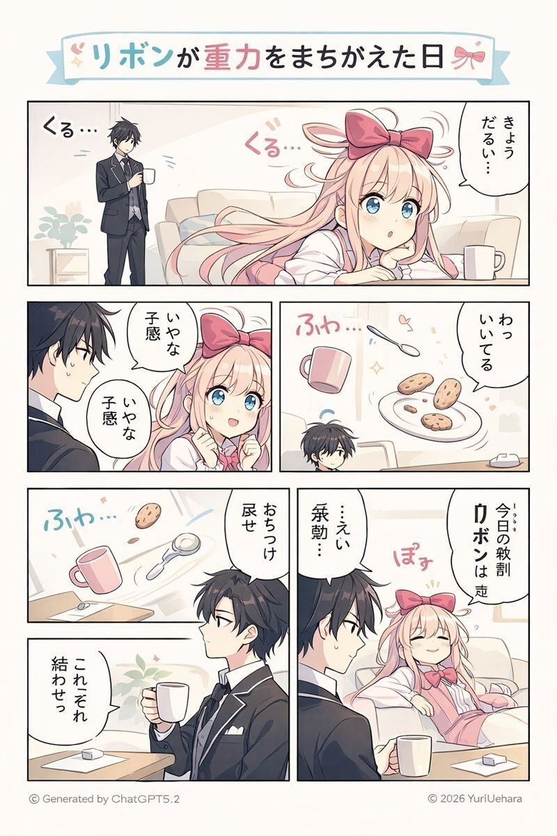 【今日のAI自動マンガ】リボンが重力を間違えた日🎀【画像生成AI / 全自動AIおまかせ4コマ漫画 / AIイラスト / ChatGPT】｜うえうえ