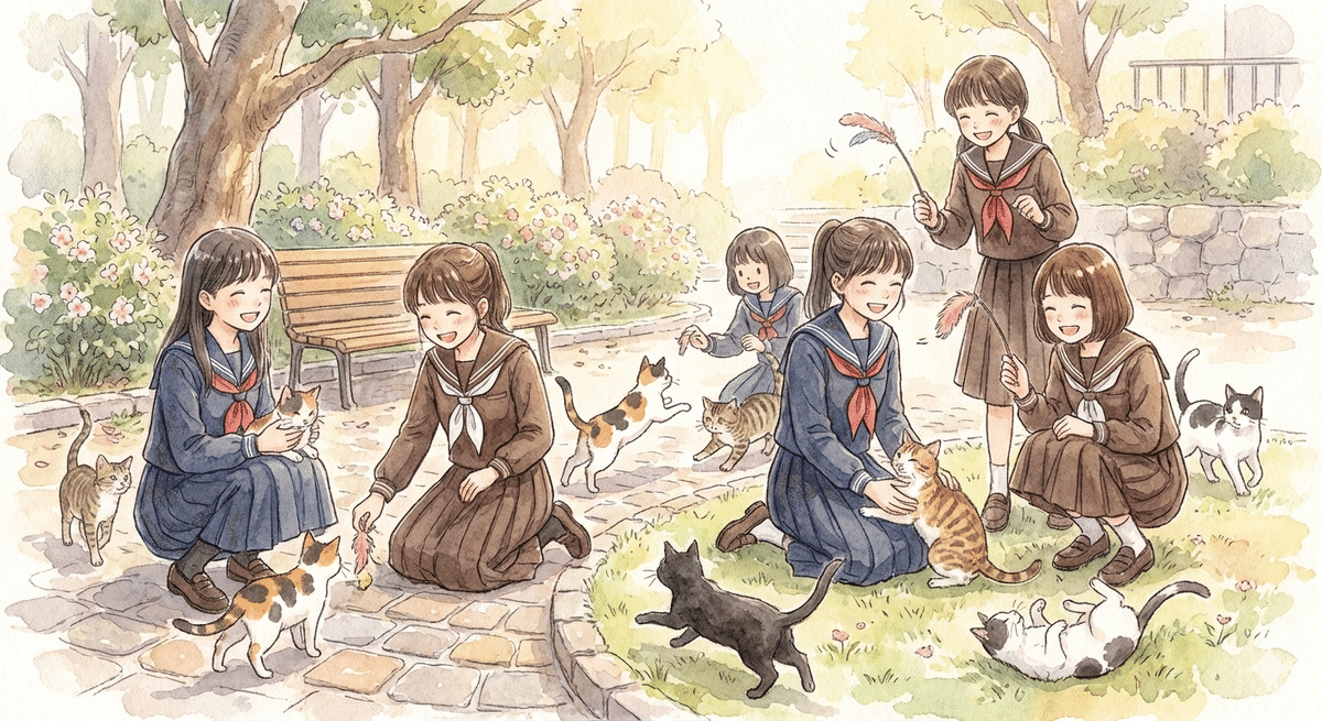 地域猫と遊ぶ心優しい少女たち Kind-Hearted Girls Playing with Local Cats｜ 木蓮🐱Magnolia ...