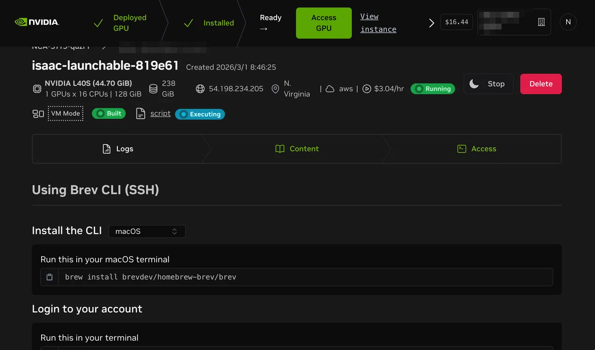 NVIDIA Brev で Isaac Lib x Isaac Sim を試す｜npaka