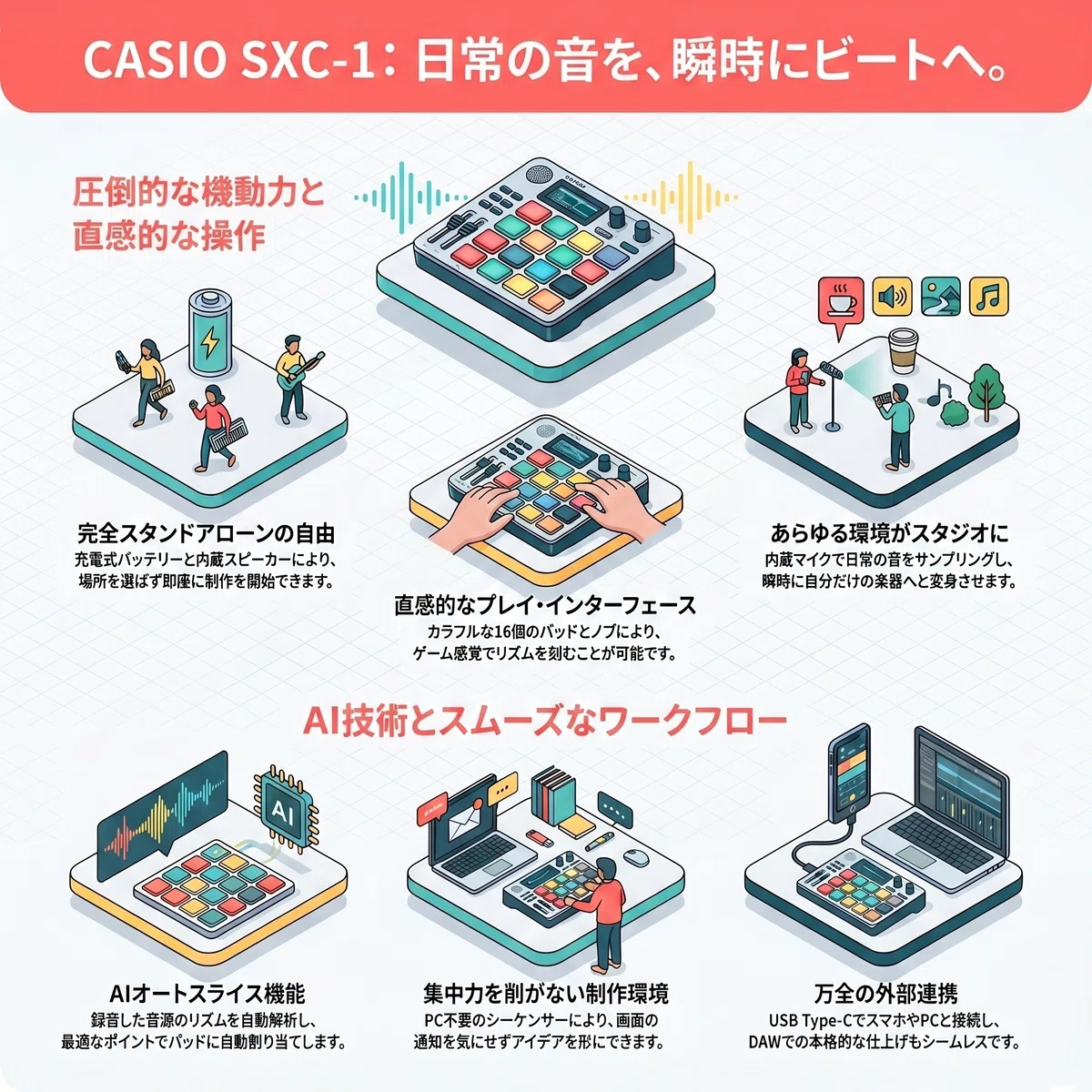 カシオから新登場！ポータブル・サンプラー「SXC-1」で日常をビートに変える新しい音楽体験｜つくたのそな 〜つくる・楽しむ・備える note〜