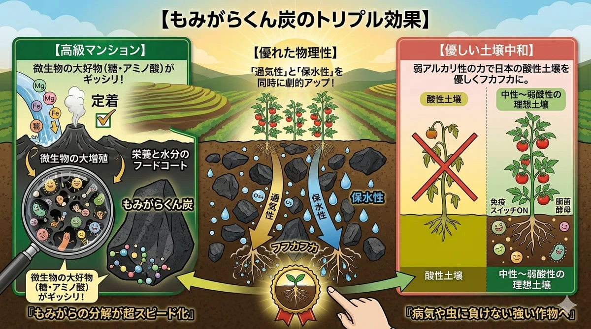【第4日目】もみがらくん炭は「微生物の高級マンション」！土の通気性と保水性を変える秘密｜南島