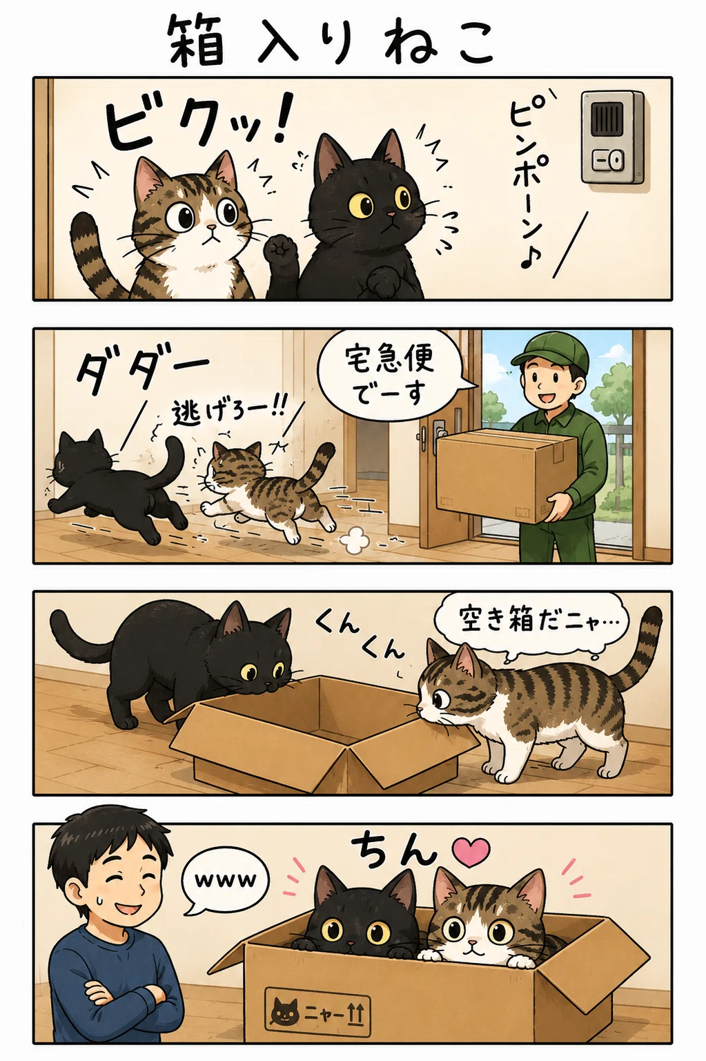 #003 Boxed-in Cat (4-Panel Comic)｜茶飲み先生と猫