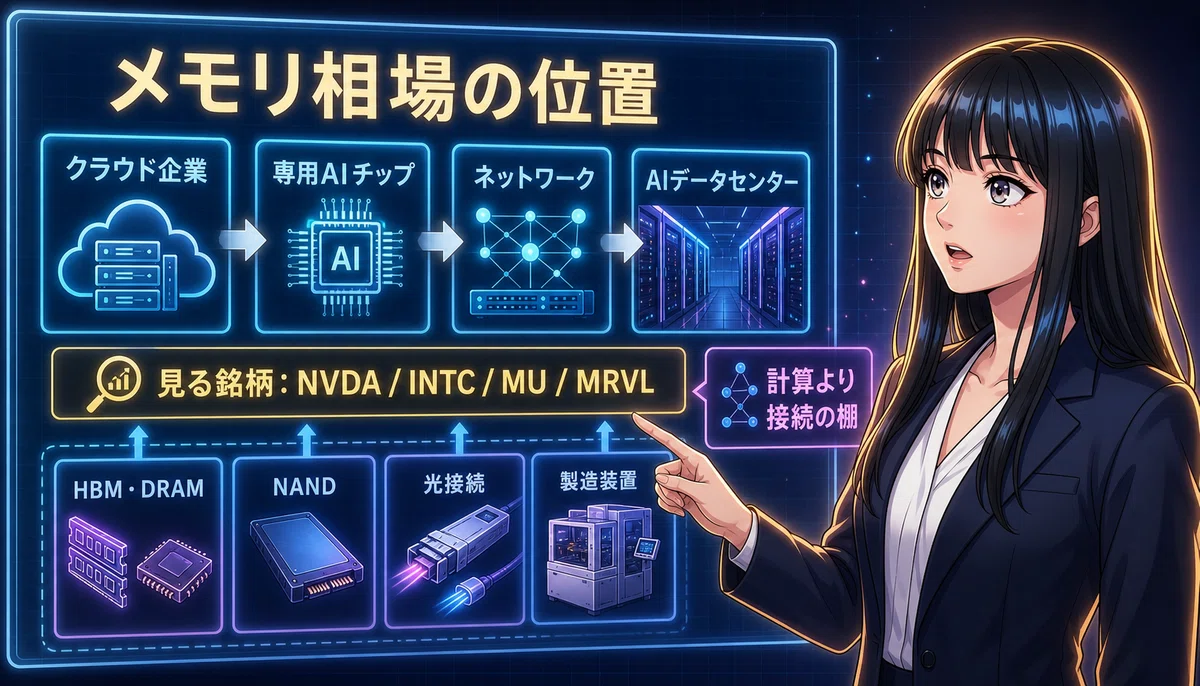 【SOXX+5.9%】NVIDIAより周辺が買われた月曜、AI半導体反発で見るメモリ・光接続・代替ファウンドリ｜せかい🇺🇸米国株