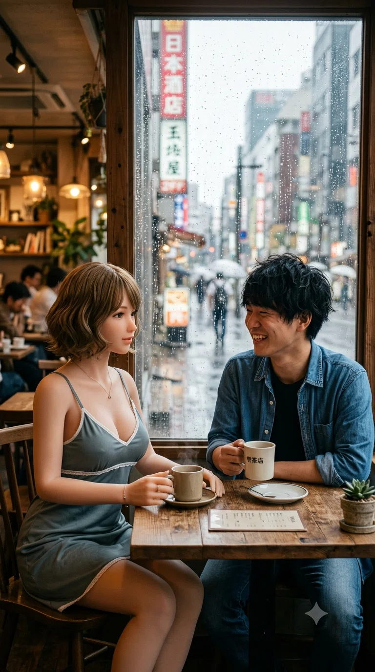 AI画像（マネキン）雨の喫茶店｜茜町春彦