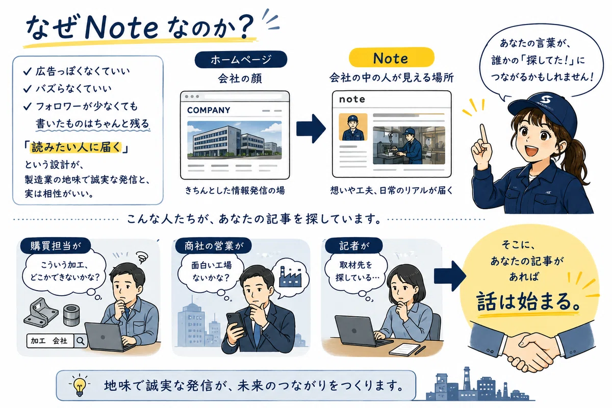 町工場の人たちNoteに集まれ。 ——記事ひとつが、出会うきっかけになる｜スワちゃん/町工場の広報担当