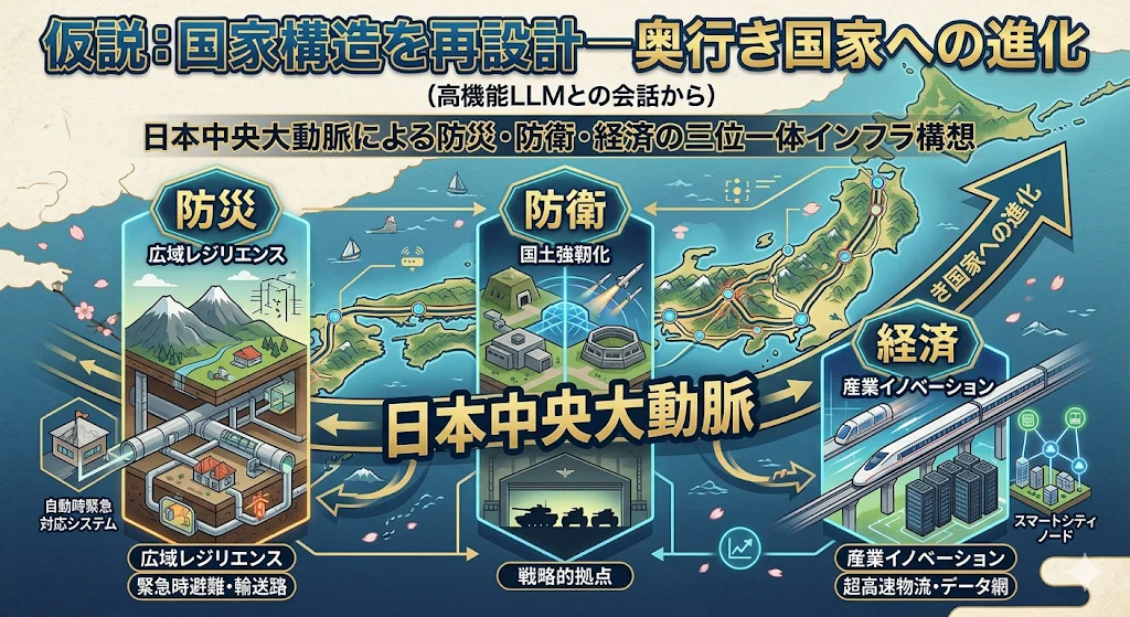 🇯🇵 日本の未来に思うー「仮説：国家構造を再設計ー奥行き国家への進化」（高機能LLMとの会話から）──日本中央大動脈による防災・防衛・経済の ...