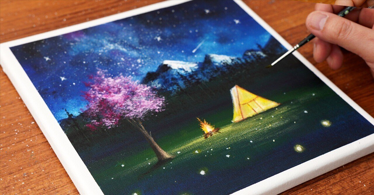 アクリル絵の具で「夜桜のキャンプ」を描いてみた｜junya_art