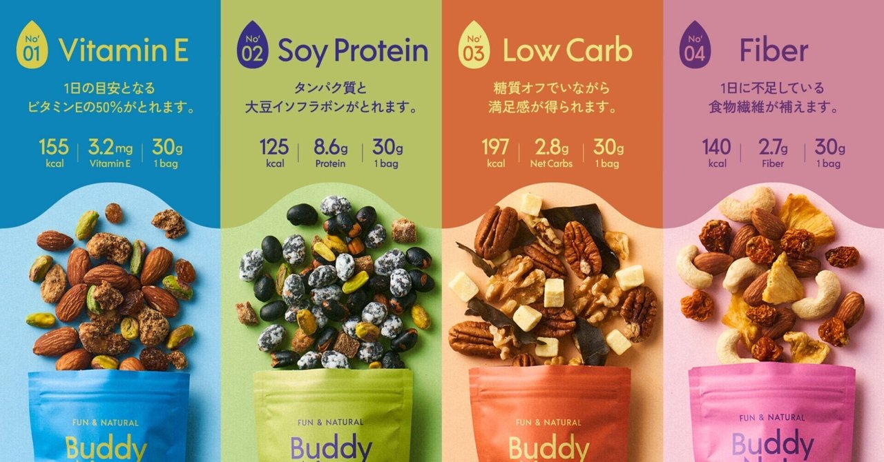【BuddyNuts】ココロ楽しい、カラダ嬉しい4種のすこやかナチュラルおやつ｜BuddyNuts