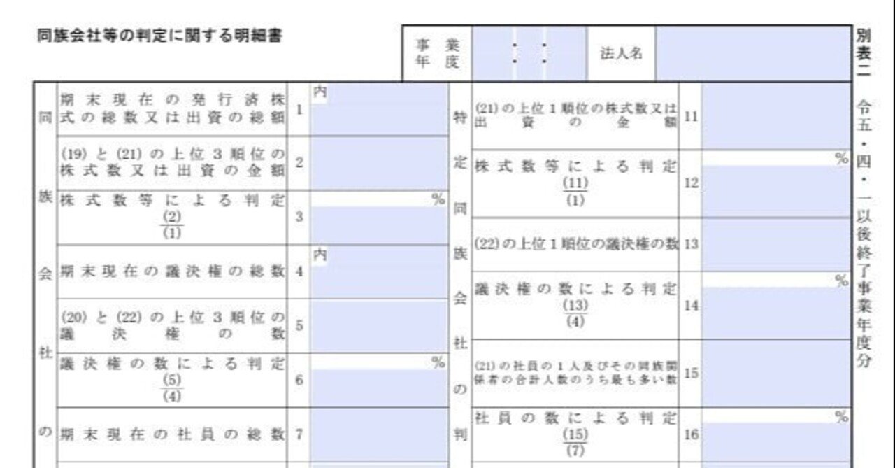 【入力用pdf】別表二 同族会社等の判定に関する明細書令和5年4月1日以後終了事業年度分｜hayama【確定申告用の様式販売】