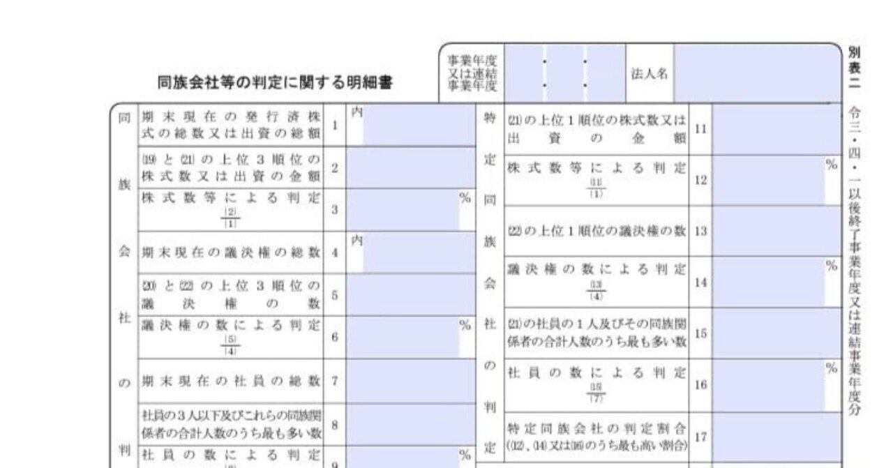 【入力用pdf】別表二 同族会社等の判定に関する明細書令和3年4月1日以後終了事業年度分｜hayama【確定申告用の様式販売】