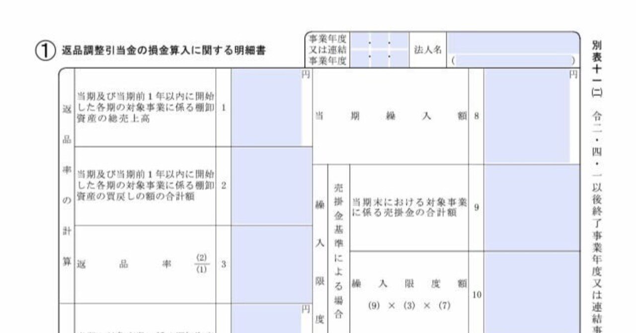 【入力用pdf】別表十一二 返品調整引当金の損金算入に関する明細書令和2年4月1日以後終了事業年度分|hayama【確定申告用の様式販売】
