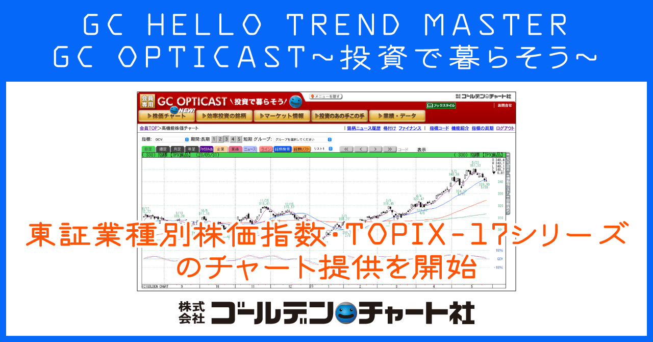 新情報リリース 株価指数「東証業種別株価指数・TOPIX-17シリーズ」のチャート提供を開始！ コード番号は「指標コード一覧」で確認。 ・GC HELLO TREND MASTER ・GC ...