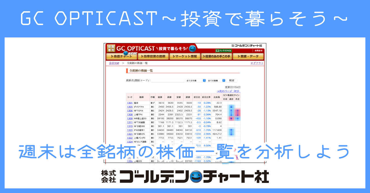 GC OPTICAST〜投資で暮らそう〜 週末は全銘柄の株価一覧を分析しませんか？ 時間のある週末だからこそできる分析がある📈 🔎https ...