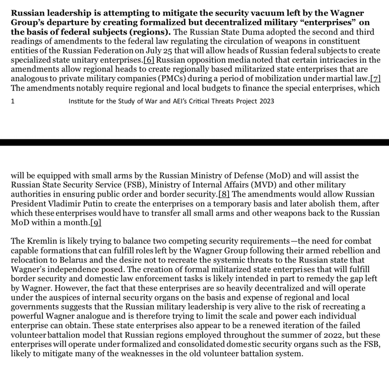 【報告抄訳】ISW ロシアによる攻勢戦役評価 1920 ET 25.07.2023 “ロシア：連邦構成主体ベースの軍事会社創設への動き ...