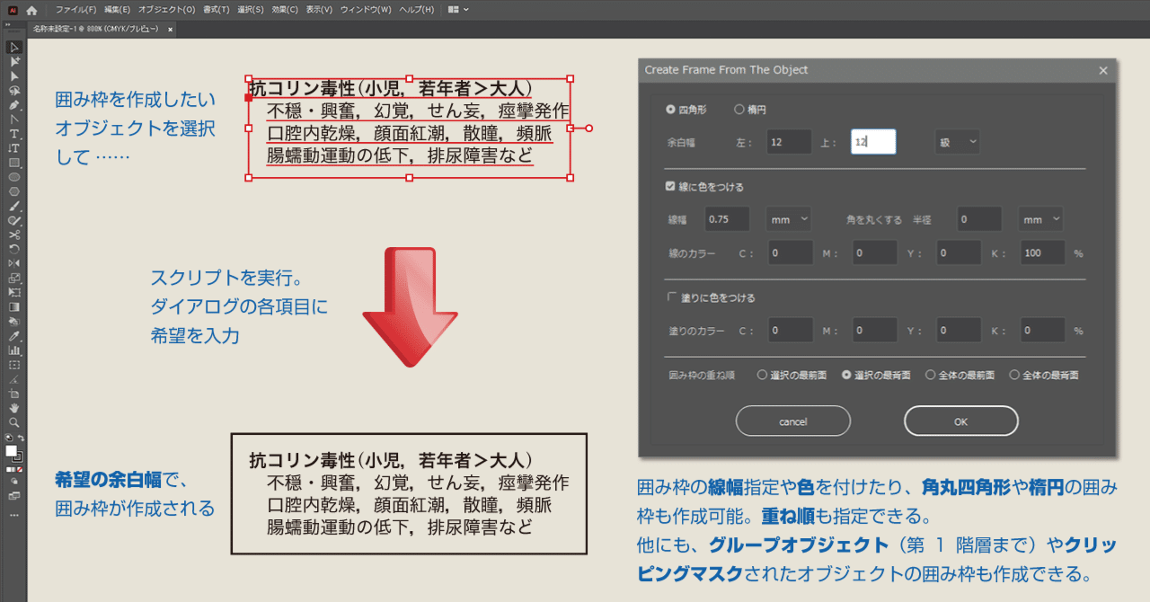 Illustrator 「希望の余白幅で囲み枠を作成する」 スクリプト ｜DTP Script note