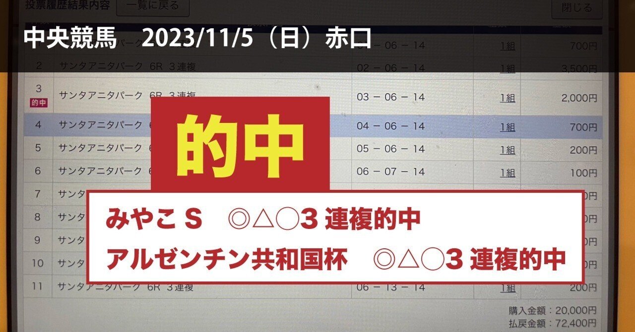 【無料予想】2023/11/5 アルゼンチン共和国杯🎯 みやこS🎯 WIN5 ｜神楽坂馬券倶楽部