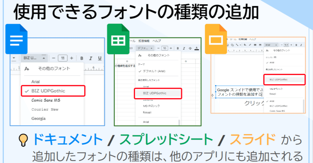 【図解あり】Google ドキュメント / スプレッドシート / スライド で使用できるフォントの種類を追加する｜Teeda