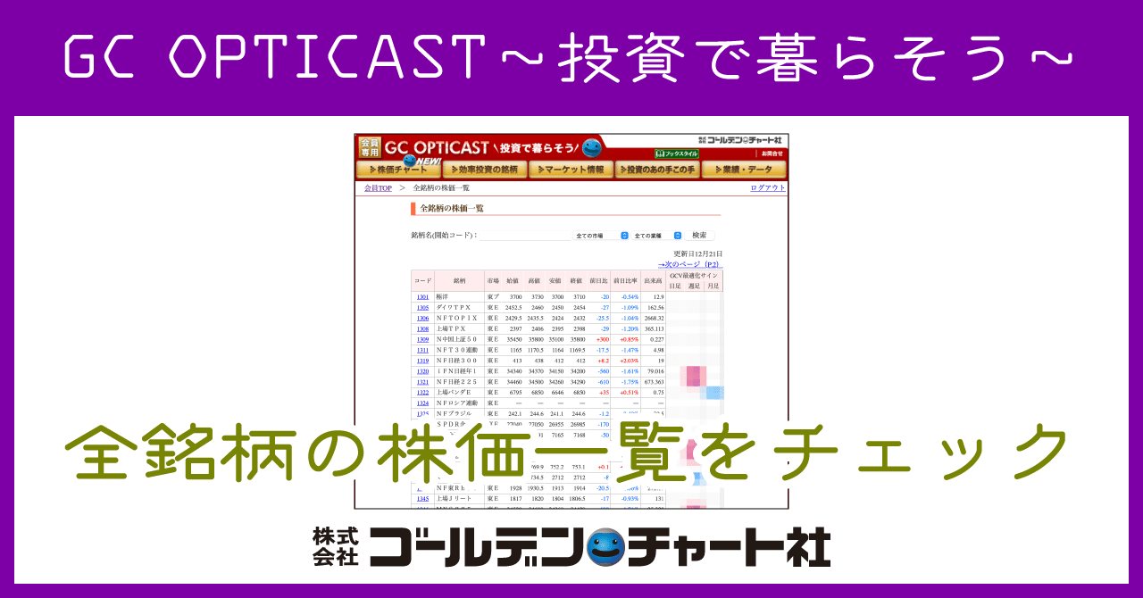 GC OPTICAST〜投資で暮らそう〜 時々株価チャート一覧を見たくなることはありませんか？ そういう時は「全銘柄の株価一覧」をご覧ください ...