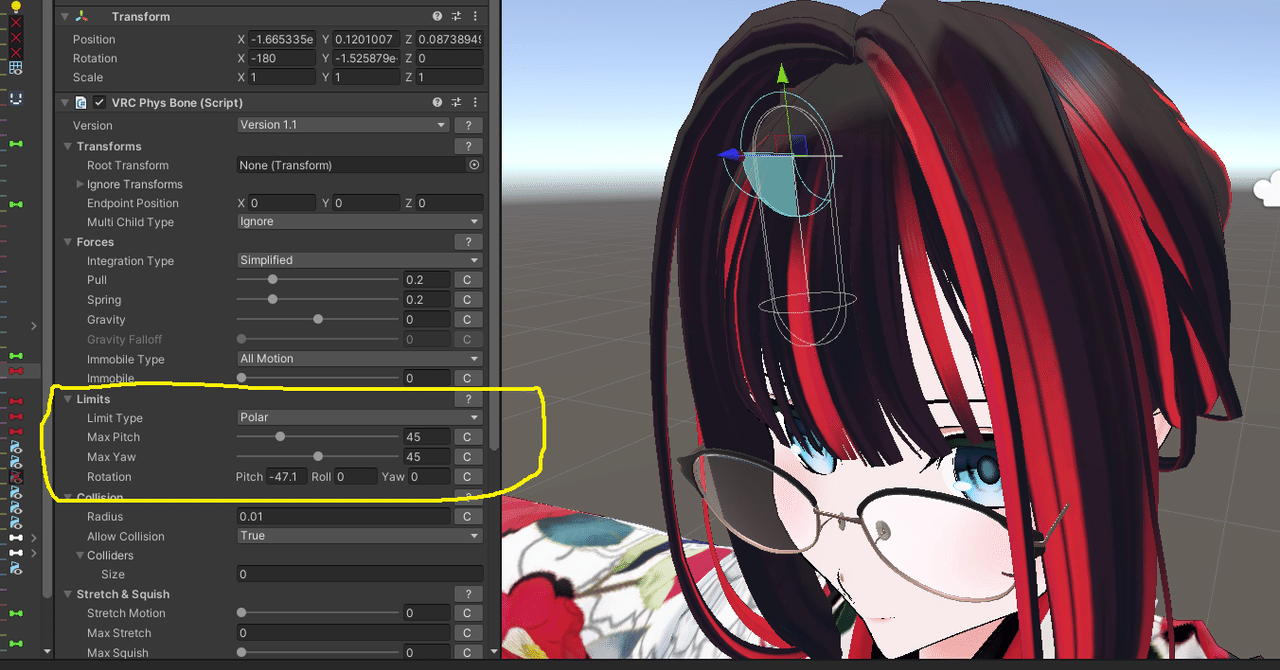 VRChat PhysBone 暴れる前髪をLimitsで可動範囲を狭めておさえる｜DoritosDontacos