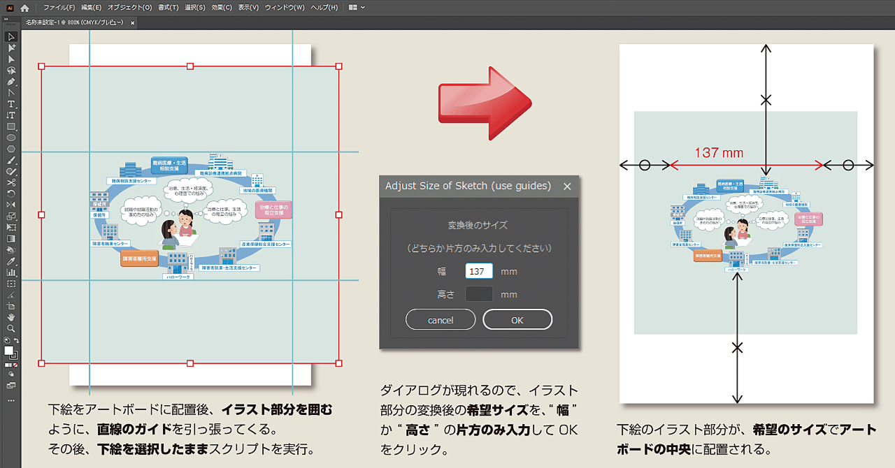 Illustrator 「トレースの下絵を希望サイズに拡大縮小、中央配置までしてくれる」 スクリプト｜DTP Script note