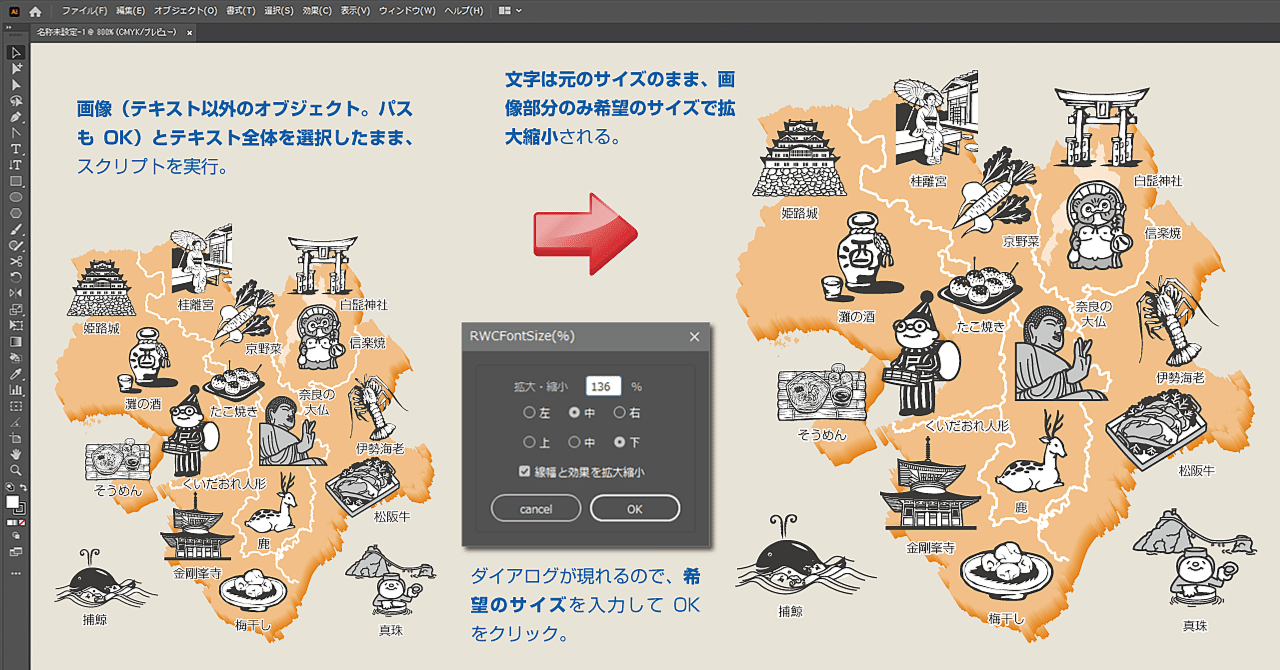 Illustrator 「文字サイズは現在のまま、画像のみ拡大縮小する」 スクリプト｜DTP Script note