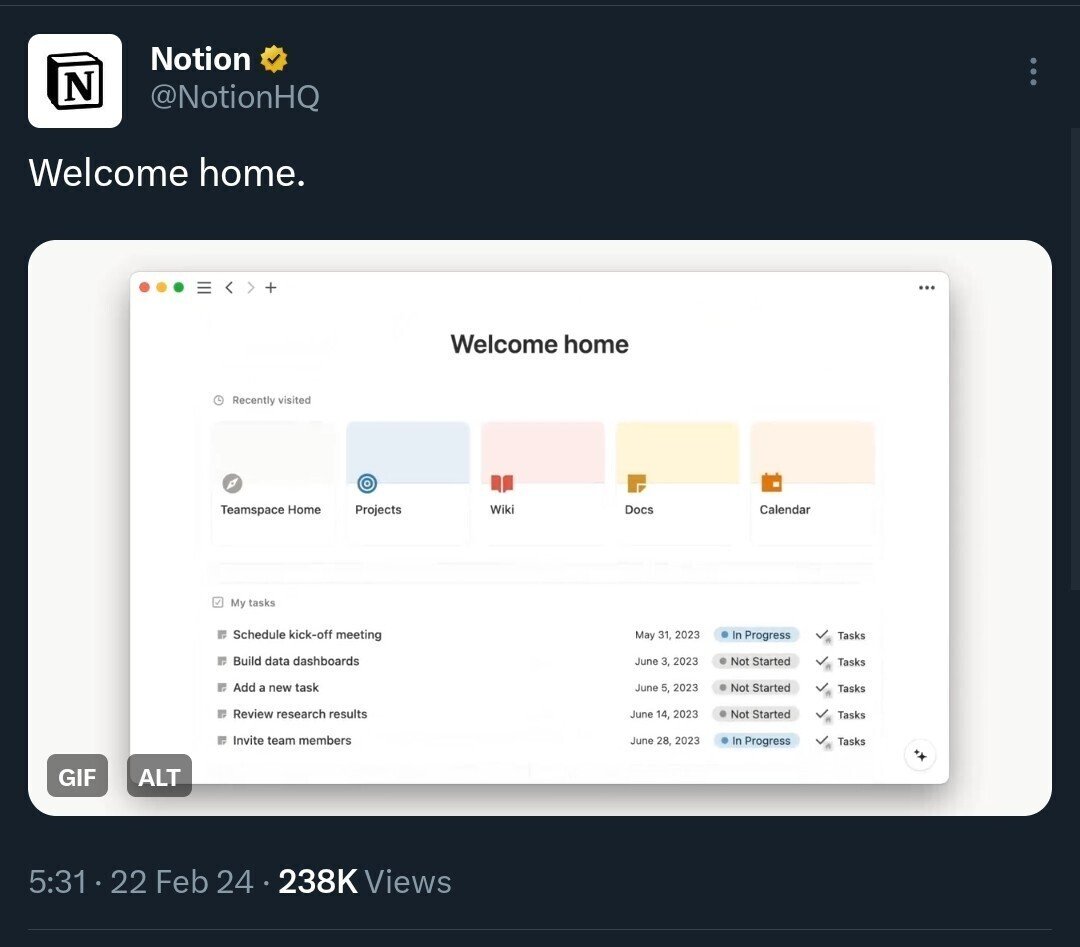 Notionの新機能「Home」が発表されていました 😳自分のワークススペースではまだ表示されないので気長に待ちます 😌 https ...