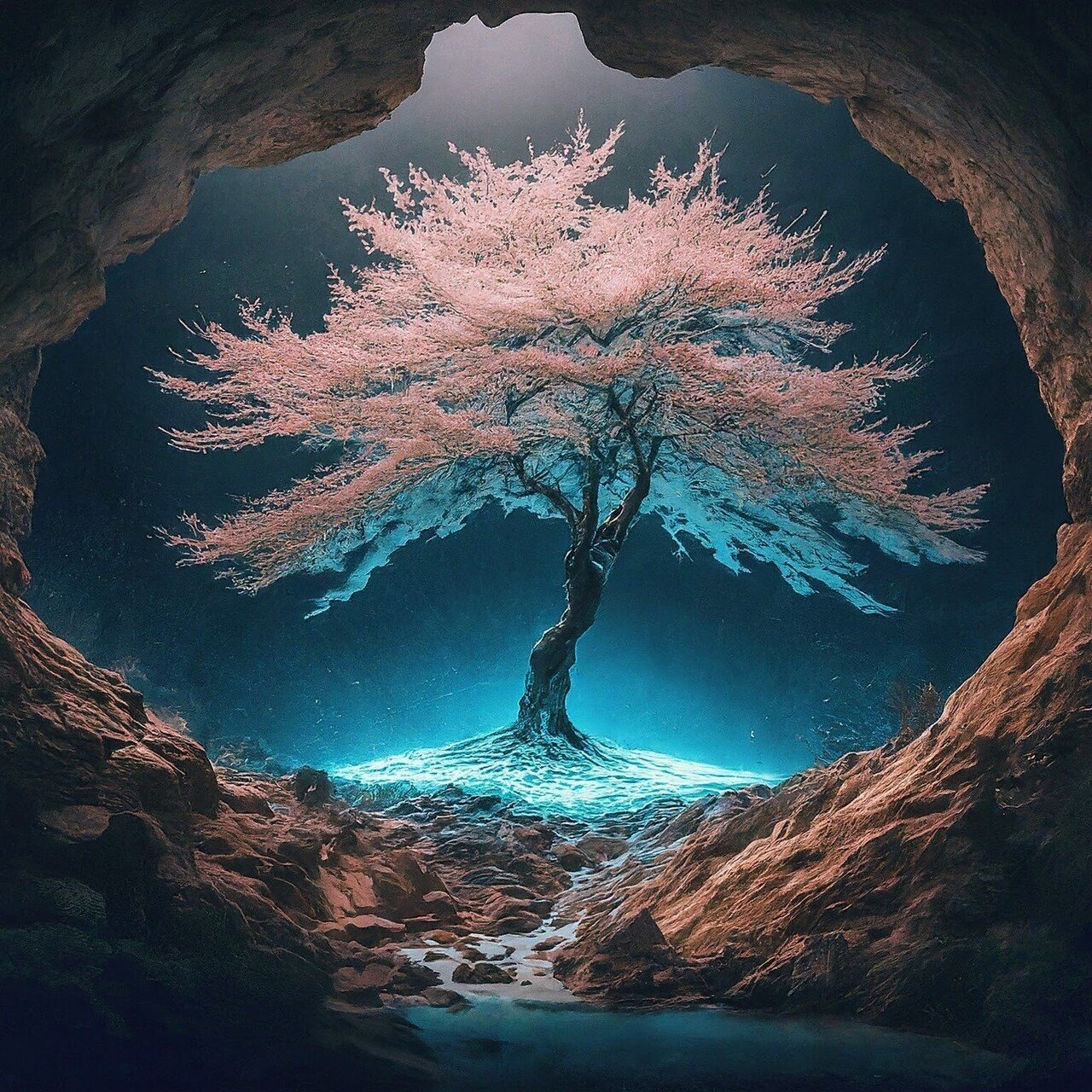 朝からGeminiでどっかのセーブポイントみたいな画像作れた。 →One cherry tree. Deep in a large cave. The foot of the tree ...