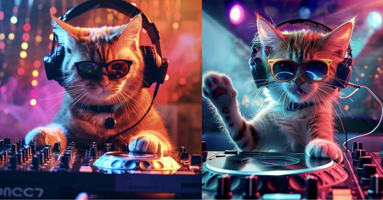 Midjourney /サングラスとヘッドホンを着けて【DJをする可愛い猫】を作る為のプロンプト(呪文)｜TOMOYA