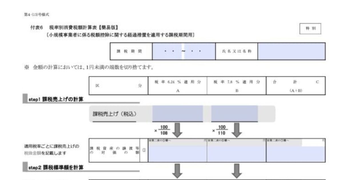 【入力用pdf】付表6簡易版 税率別消費税額計算表〔小規模事業者に係る税額控除に関する経過措置を適用する課税期間用〕令和5年10月1日