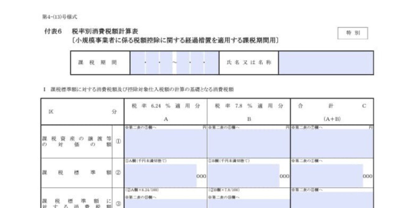 【入力用pdf】付表6 税率別消費税額計算表〔小規模事業者に係る税額控除に関する経過措置を適用する課税期間用〕令和5年10月1日以後終了課税