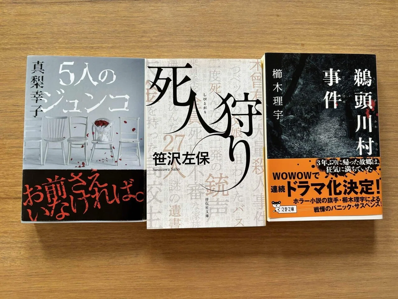 届いた〜 今の死亡推定時刻が読み終わったら読むし、多分来月になるかな。 真梨先生と櫛木先生が好きで完全作者買いです。笹沢先生は初めて読むぞ