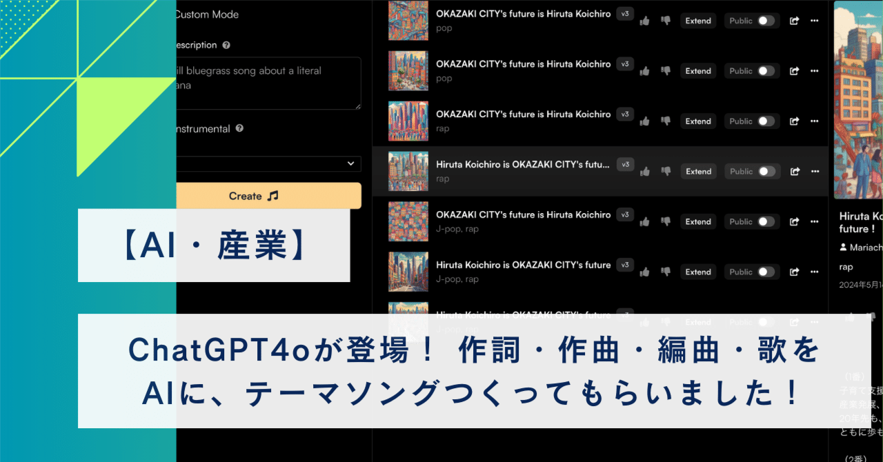 【AI】ChatGPT4oが登場！ 作詞・作曲・編曲・歌をAIに、テーマソングつくってもらいました！｜ひるた浩一郎_官民連携アクセラレータ®