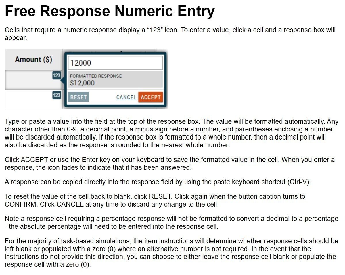 USCPA試験のTBS問題での数字入力に関してお問い合わせ。 数字入力後、カーソルで「ACCEPT」をクリックする必要があるのか、「Enter」キーが使えるのかというもの。 「Enter」キー ...