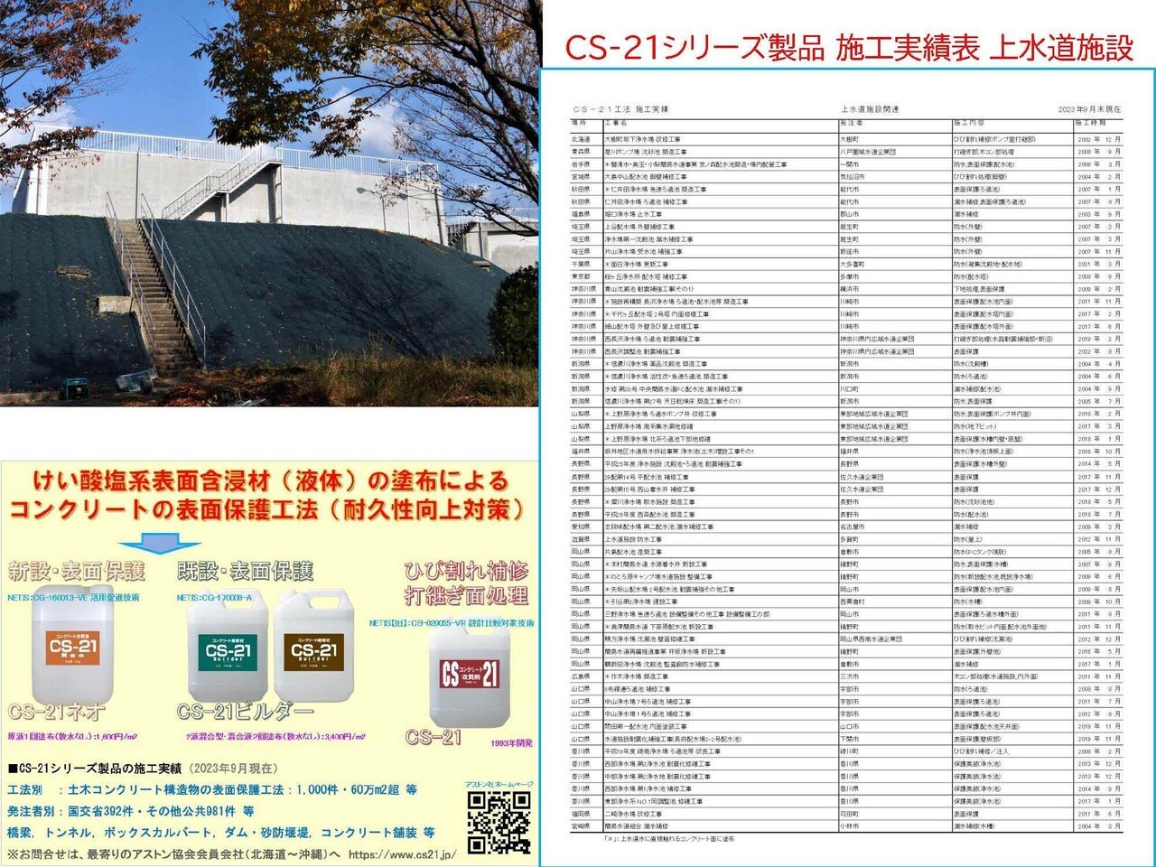 CS-21工法の施工実績表／上水道施設 ｜CS-21シリーズ製品は、浸出試験【資機材等の材質に関する試験：厚生省告示第45号，水道用資機材の浸出試験方法：JWWA Z108】の結果、所定の安全 ...