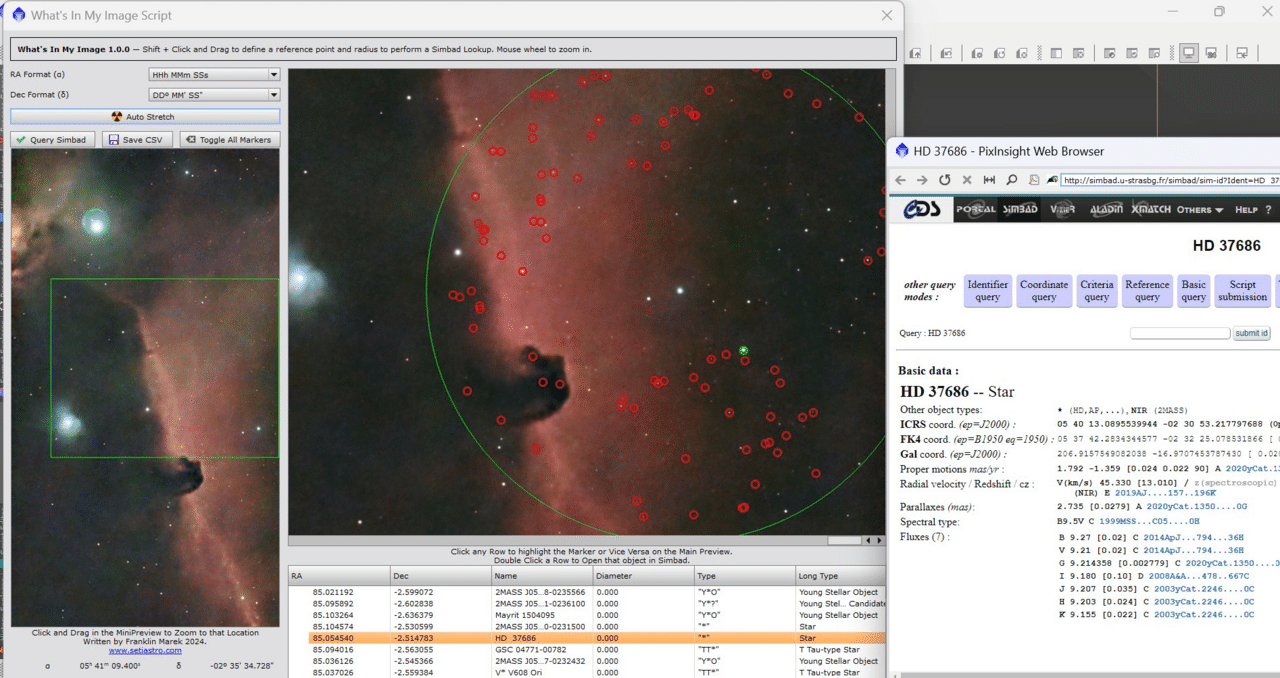 PixInsightのスクリプト 「What's In My Image」 指定した範囲の中で画像に写ってる星や銀河を検索してカタログなどの色々な情報を取得できるというモノ。 私は細かいデータ ...