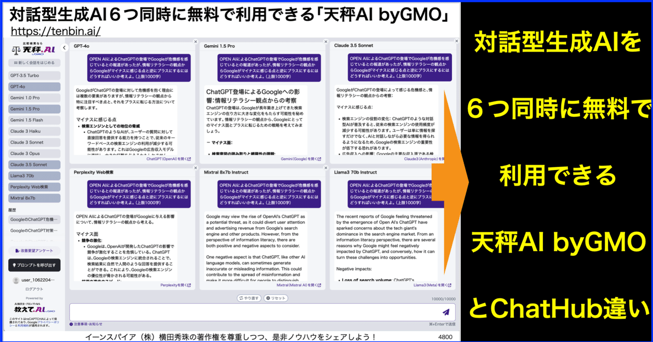 対話型生成AIチャット6つ同時に無料で利用OK｢天秤AI byGMO｣｜(新潟県)長岡造形大学 情報リテラシー論 講師 横田秀珠