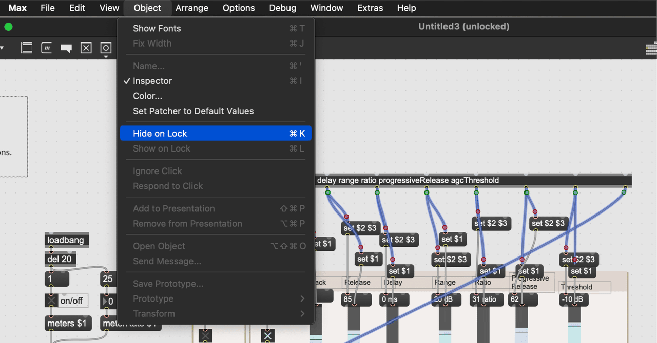 max8 max/mspでパッチコード オブジェクトがロックした時に消える↔︎見えるようにする方法｜fendoap
