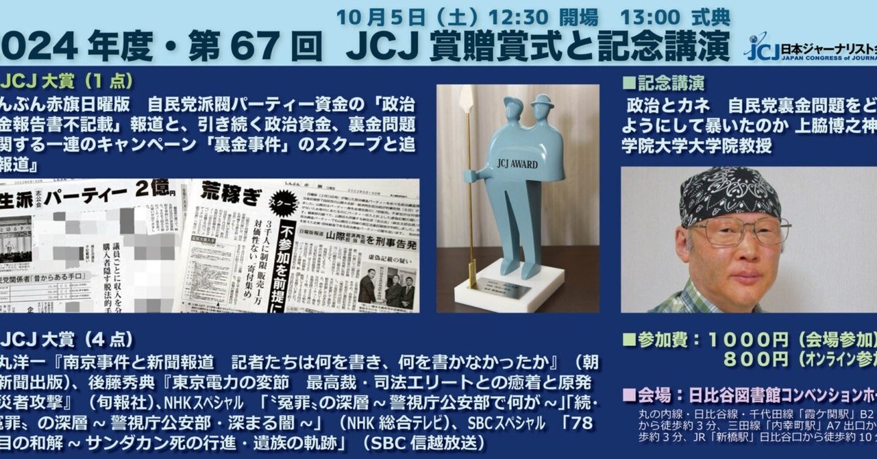 【2024年度第67回 JCJ賞】JCJ大賞 しんぶん赤旗日曜版 『自民党派閥パーティー資金の「政治資金報告書不記載」報道と、引き続く政治資金、裏金問題に関する一連のキャンペーン』、 JCJ賞 ...