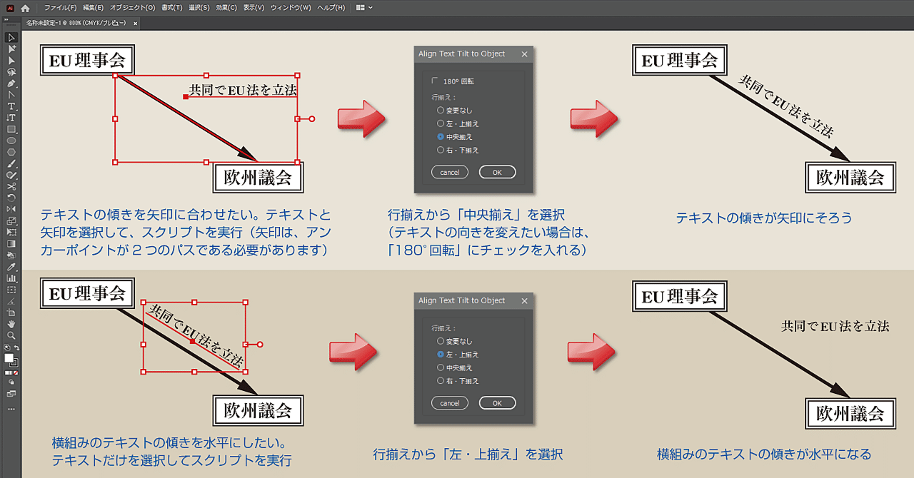 Illustrator 「テキストの傾きを、簡単にオブジェクトの傾きに合わせられせる」 スクリプト｜DTP Script note