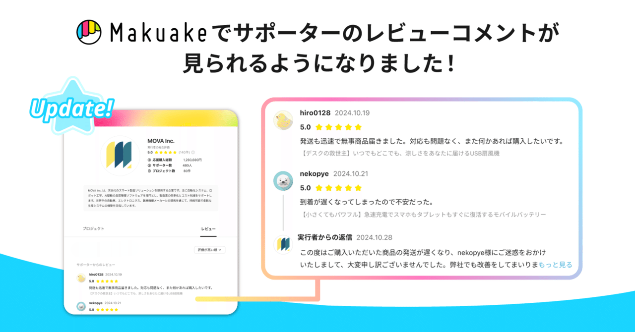 【Makuakeアップデート】Makuakeでサポーターのレビューコメントが見られるようになりました！｜Makuake