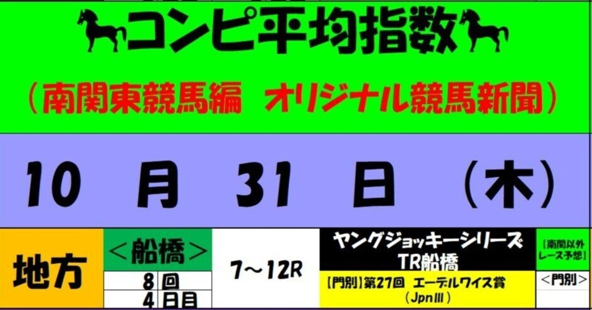 10/31（木）＜船橋競馬＞ヤングジョッキーシリーズTR船橋 含む 船橋7～12R コンピ平均＆予想【軸馬選びにも消し馬選びにも参考になる指数】＆＜門別競馬＞第27回 エーデルワイス賞 ...