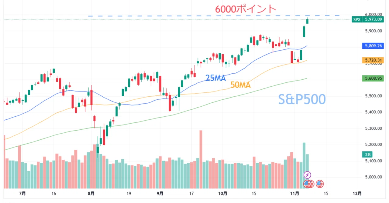 11/7 NY株式・振返り SP500、6000Pが目の前に😭😭😭感涙に咽ぶ｜どうぶつたち🐯🐬🦉🐹🐰🐦‍⬛の株価分析
