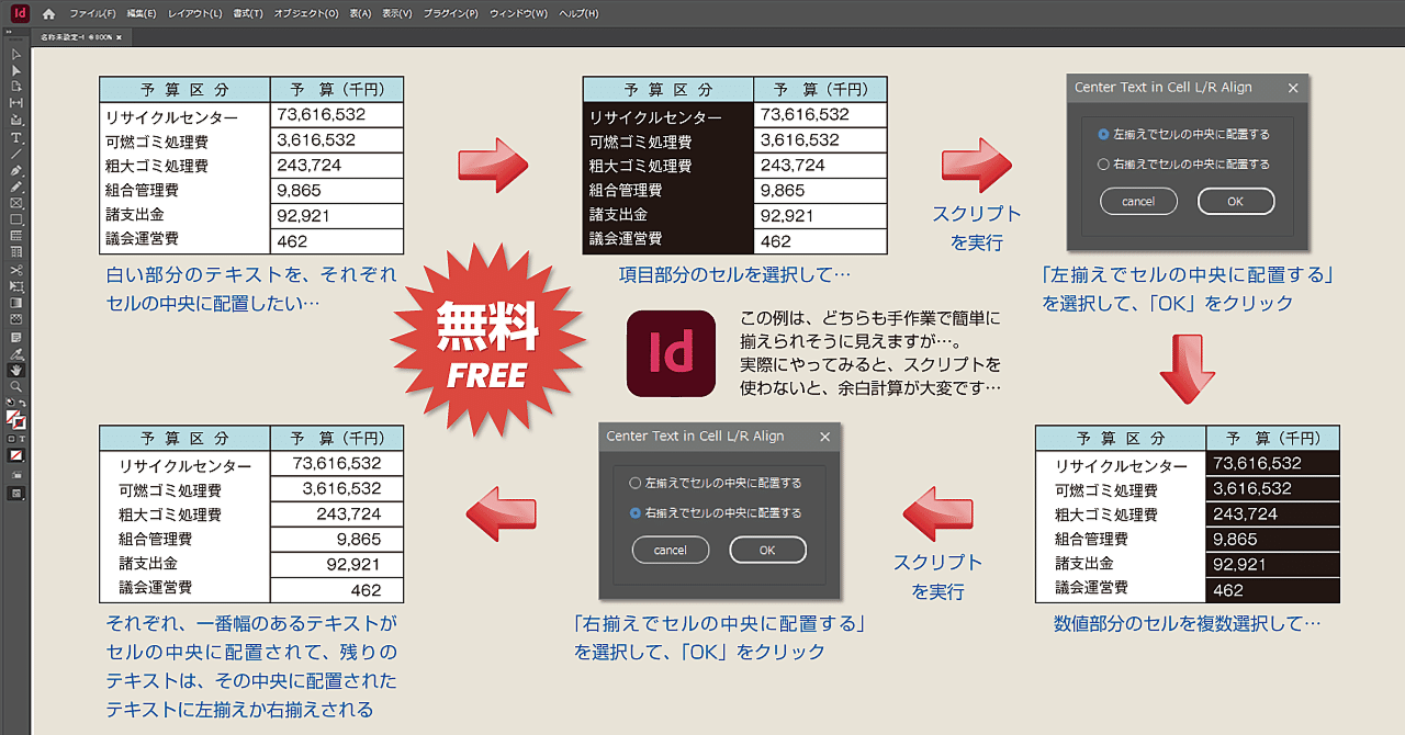 InDesign 「表のテキストを、左揃えや右揃えでセルの中央に配置する」 スクリプト｜DTP Script note