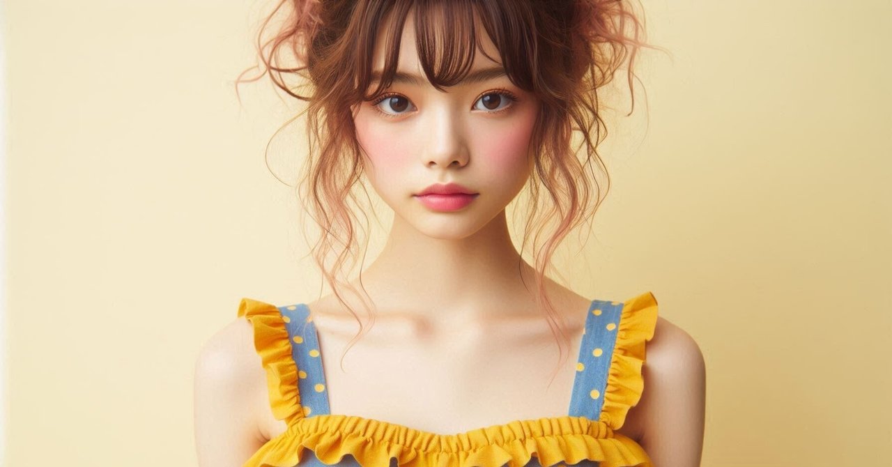 黄色の背景 de 20才女子、水玉、青色と橙色 @Copilot & ImageFX & Firefly＋プロンプト｜茜町春彦