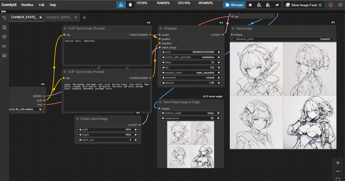 ComfyUI Anim4gine Line ArtからControlNet Cannyで色塗り｜Yuki