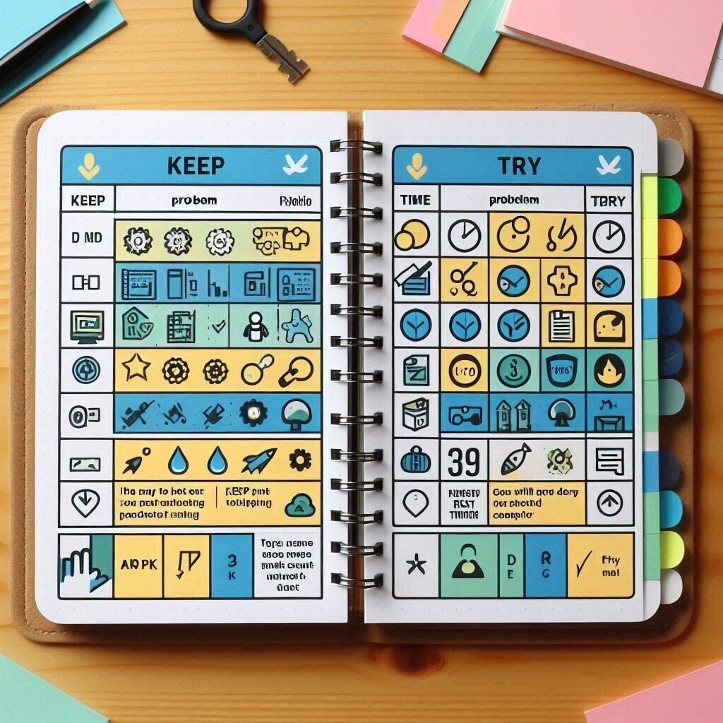 KPTと相性抜群のA4三つ折り手帳。3ページ構成を活かして、Keep（継続）、Problem（課題）、Try（挑戦）をスッキリ整理。付箋の ...