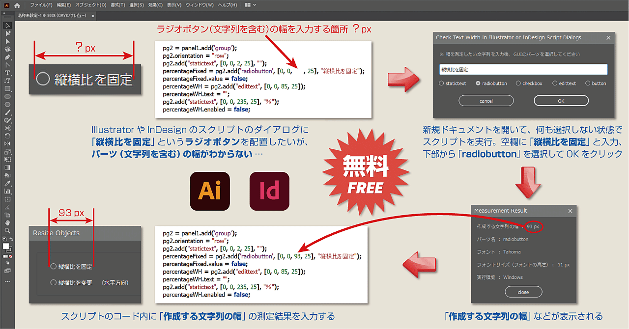 Illustrator・InDesign 「スクリプトのダイアログ内に表示する文字列の幅を調べる」 スクリプト｜DTP Script note